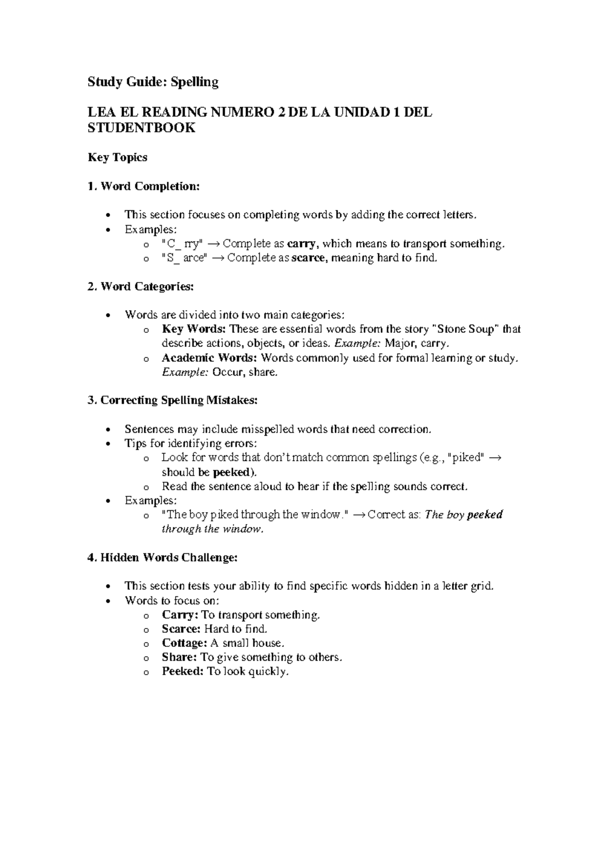 Spelling Study Guide: LEA EL READING UNIT 1 PI 2025 - Studocu