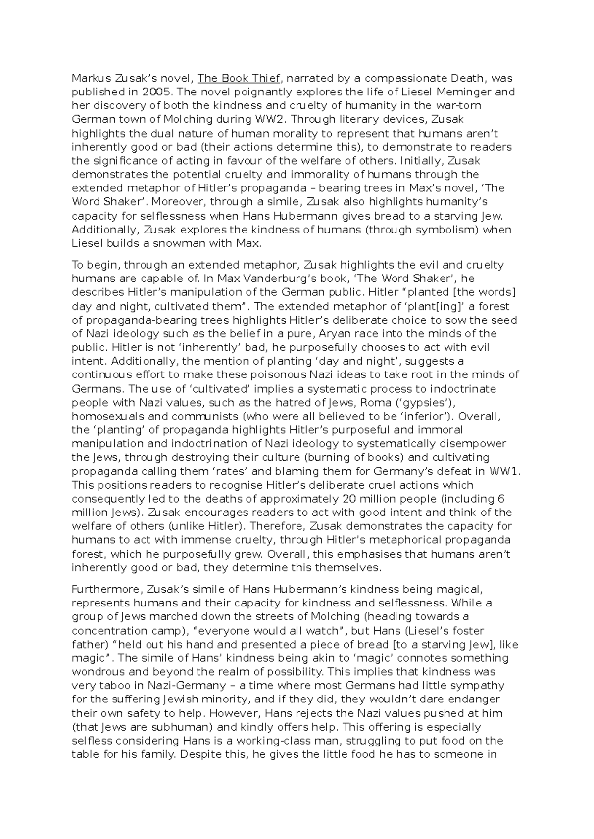 ENG 101: The Book Thief Exemplar Essay on Human Morality - Studocu