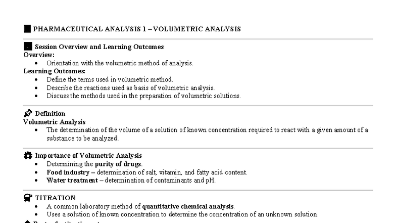 PHARMACEUTICAL ANALYSIS 1: VOLUMETRIC ANALYSIS Overview & Key Concepts ...
