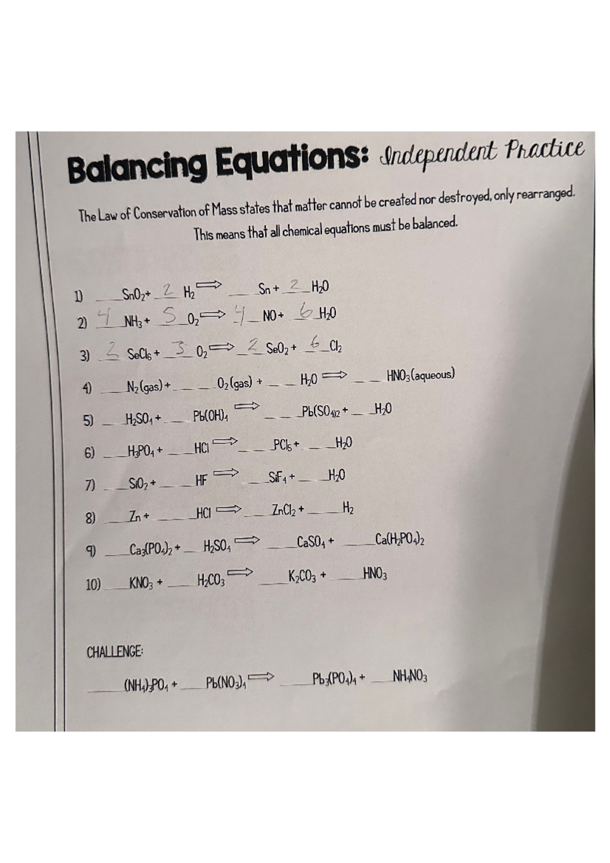 IMG 4848-F78C3 - balancing equations practice. - Balancing Equations: Independent Practice The ...