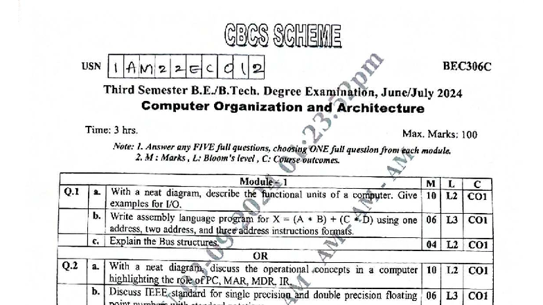 CBCS BEC306C 3rd Sem Exam 2024: Computer Organization & Architecture ...