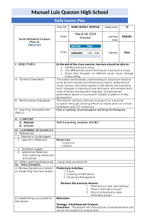 MY-DLP- Format - N/A - Lesson Plan in English 7 I. CURRICULUM CONTENT ...
