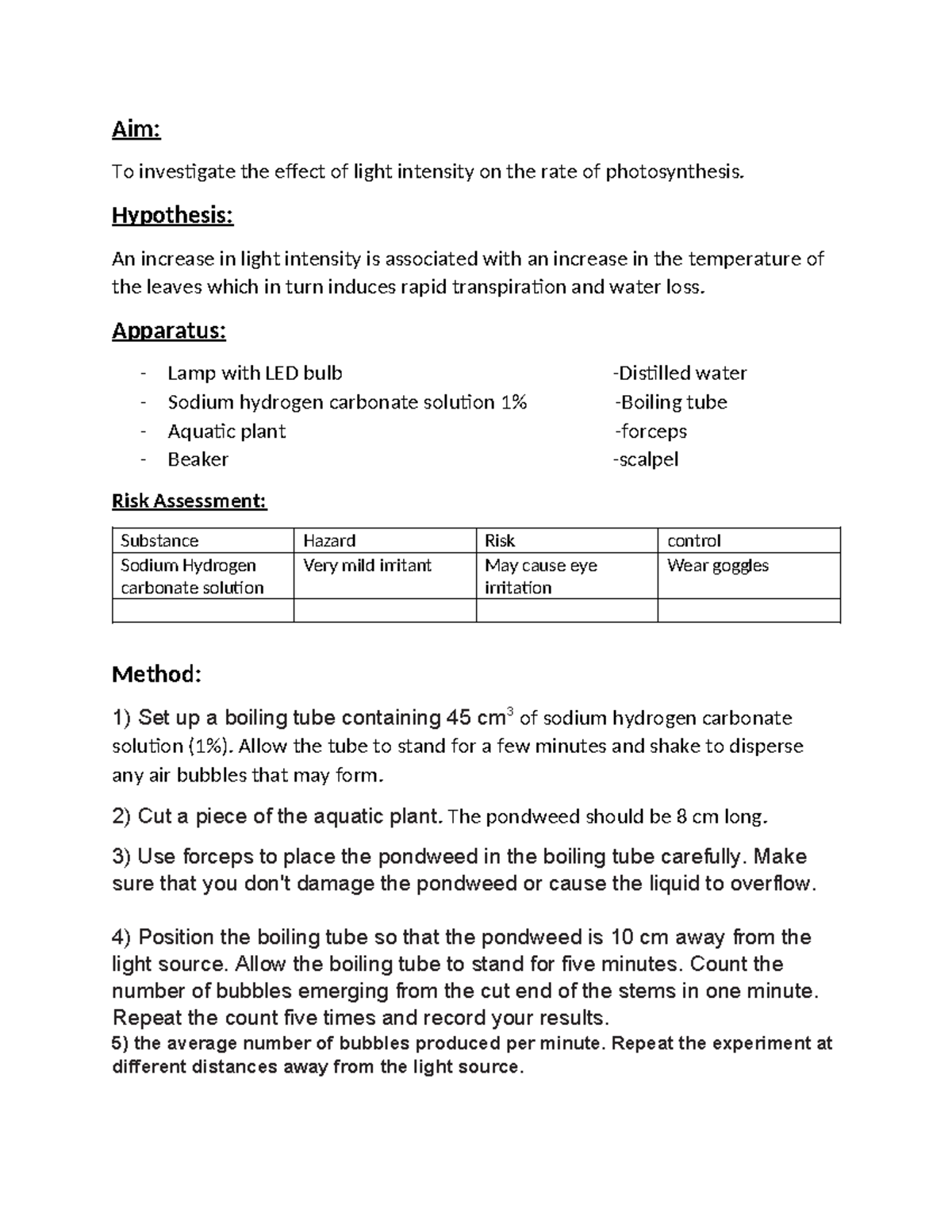 Photosynthesis Practical: Investigating Light Intensity Impact - Studocu