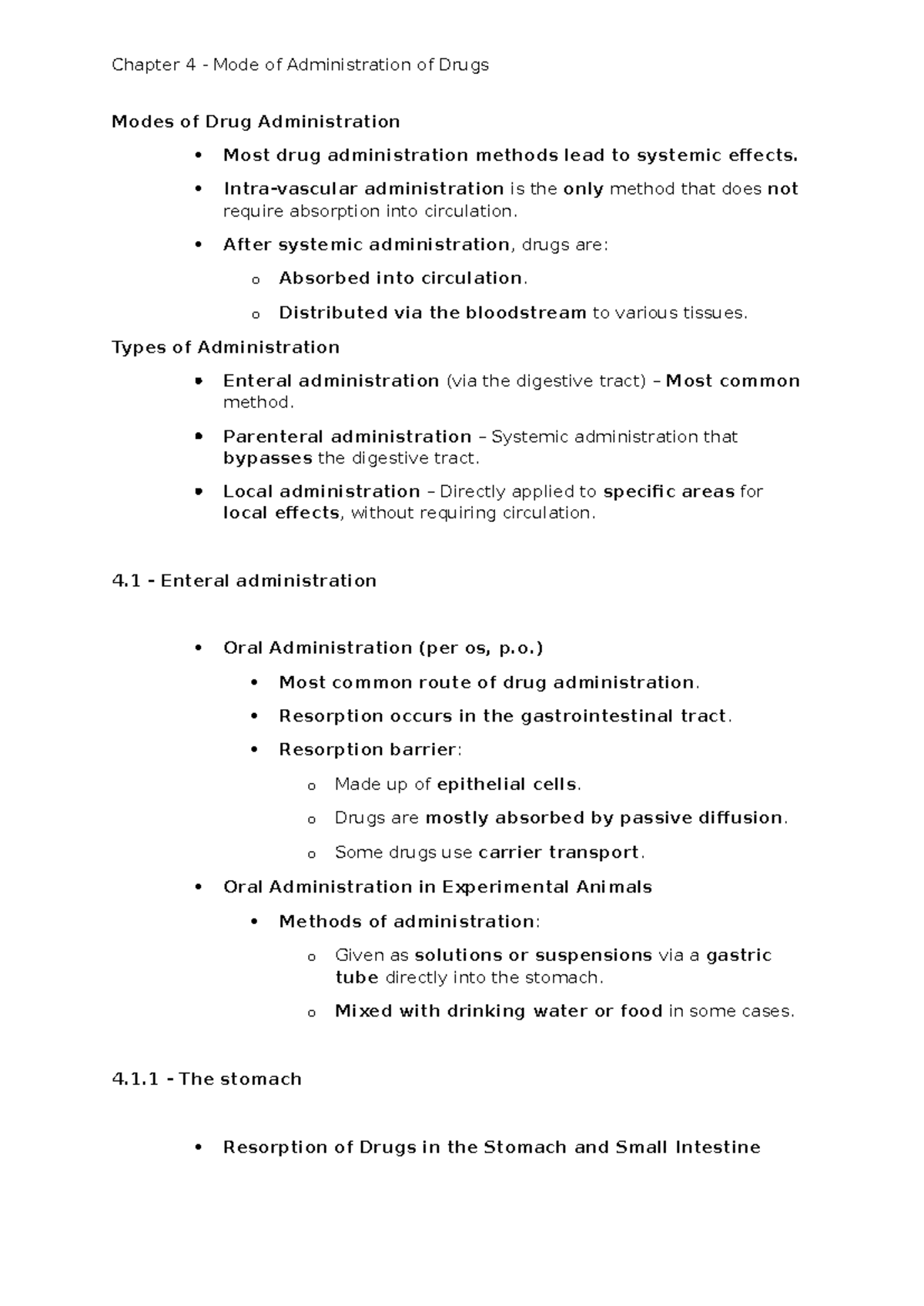 Chapter 4 - Summary of Drug Administration Methods & Effects - Studeersnel