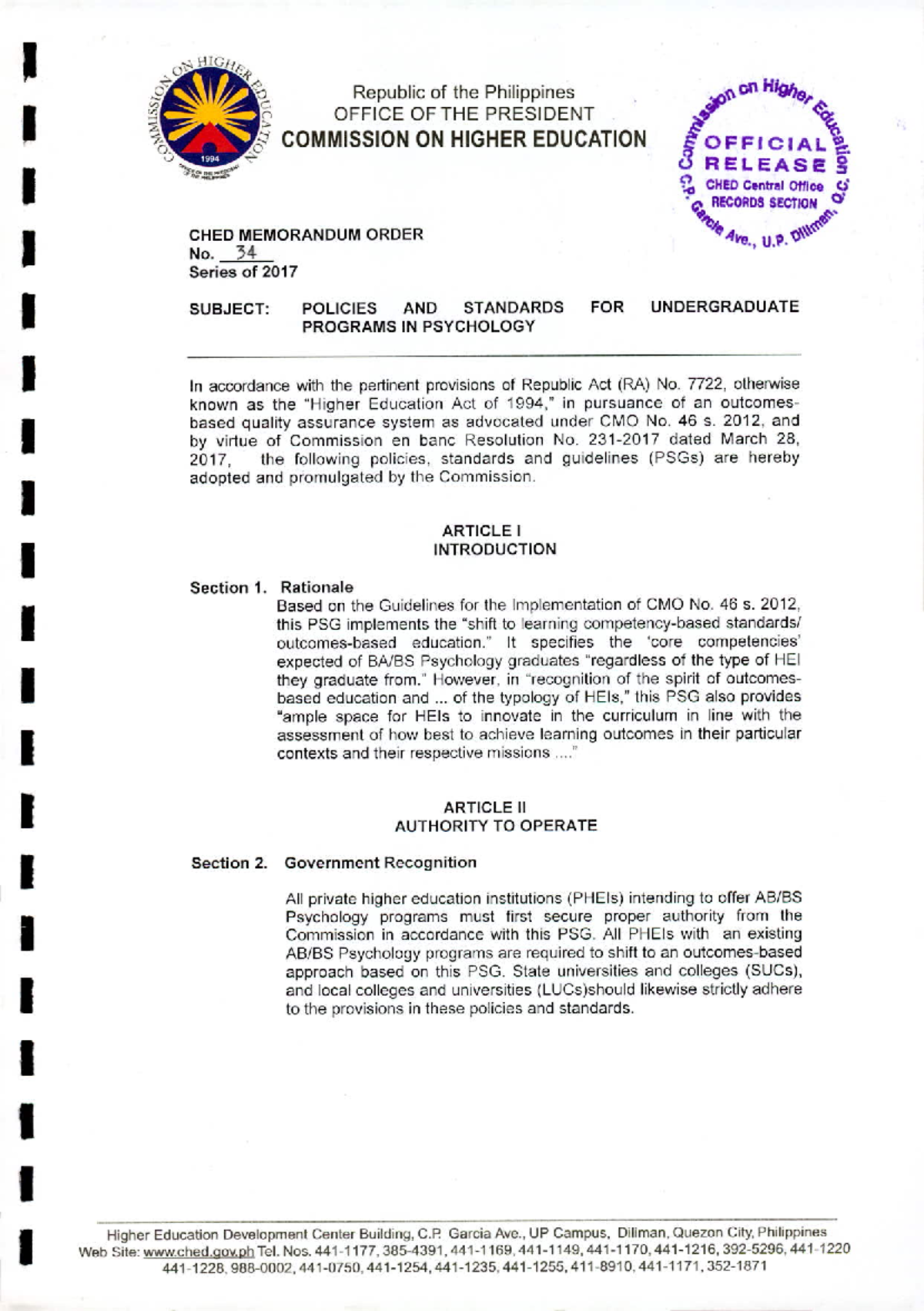 CMO 34 s 2017 - Overview of Ched Memorandum Order 34 - Studocu