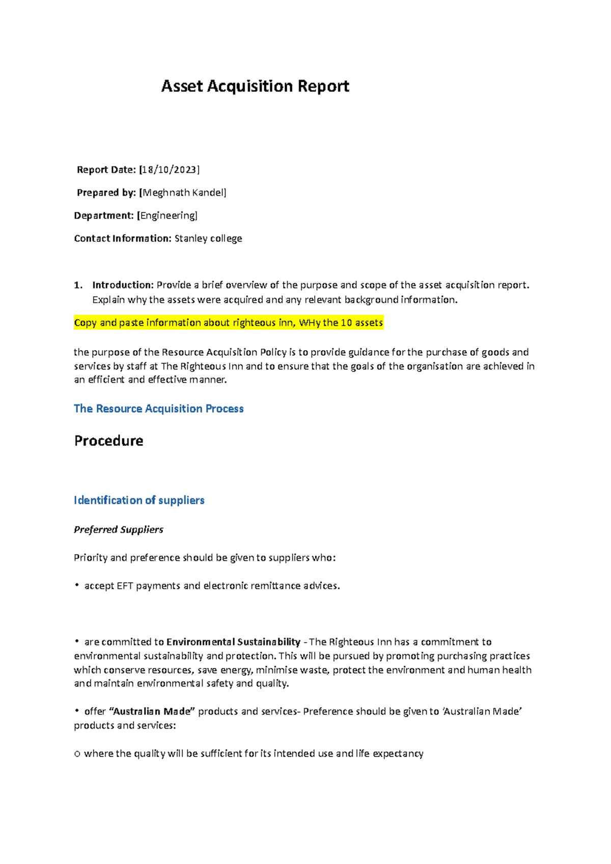 Asset Acquisition Report Template for Engineering Dept - 18/10/2023 ...