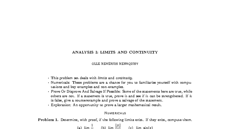 Analysis I: Limits and Continuity Problem Set - Autumn 2025 - Studocu