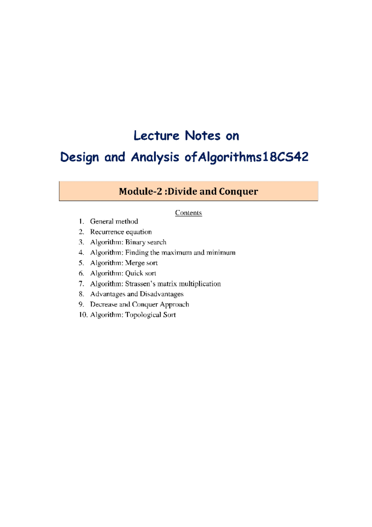 DAA 18CS42 - Lecture Notes on Divide and Conquer Algorithms - Studocu