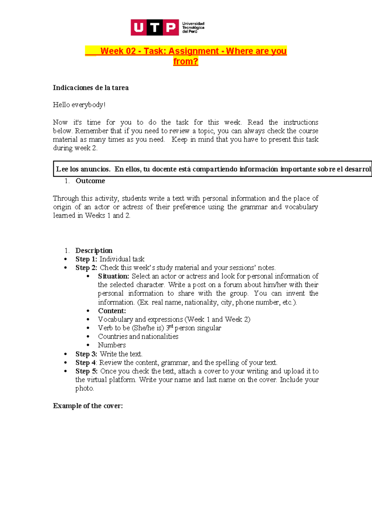 🔴 Week 02 - Task Assignment: Where Are You From? - Ingles 1 - Studocu