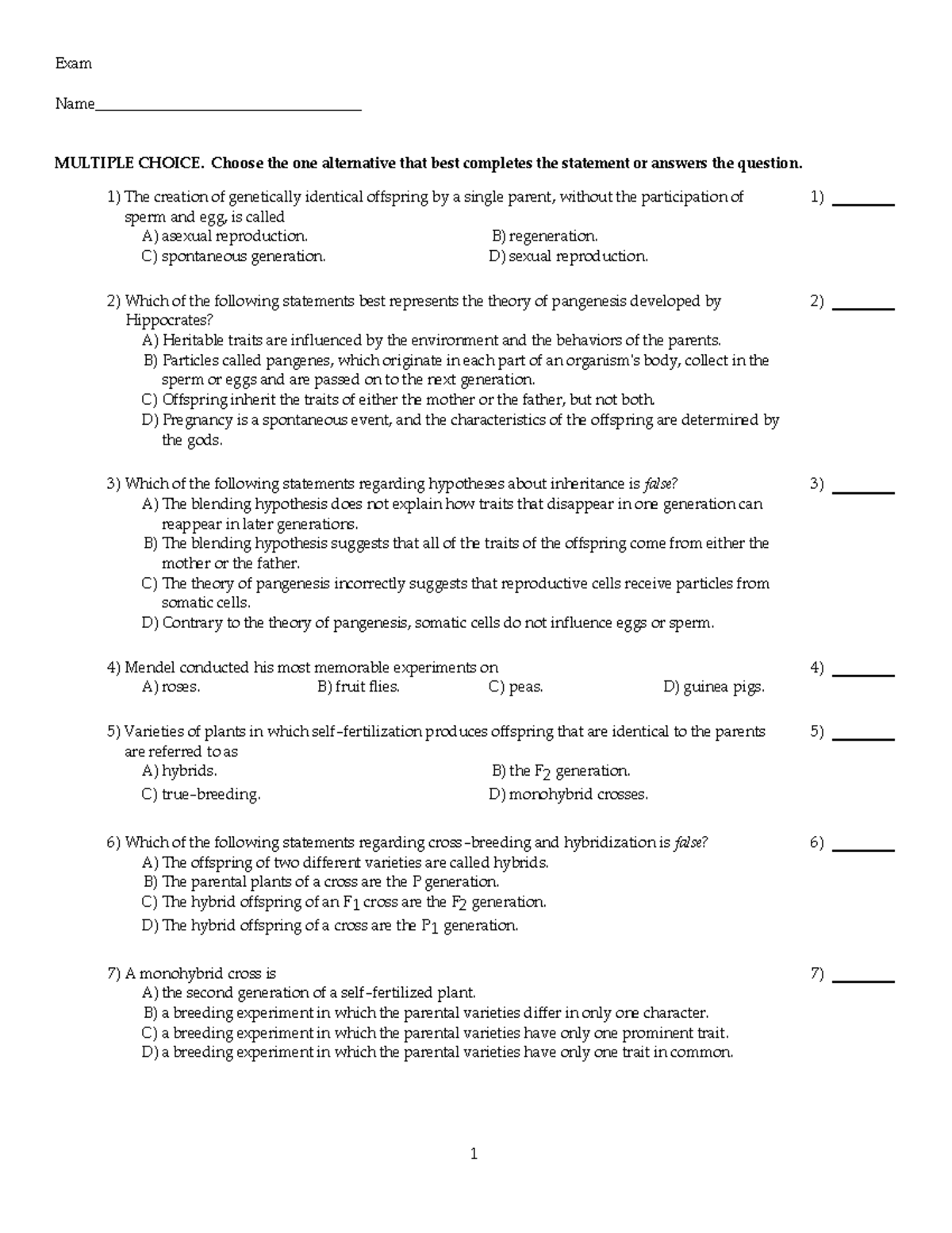 Genetics Exam Review: Multiple Choice Questions (Course Code: LEH ...