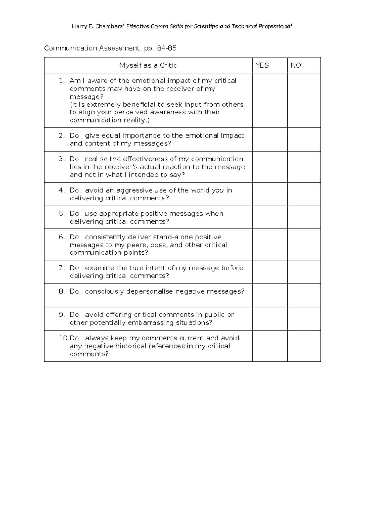 Effective Comm Skills for Sci & Tech Prof: Critic Self-Assessment - Studocu