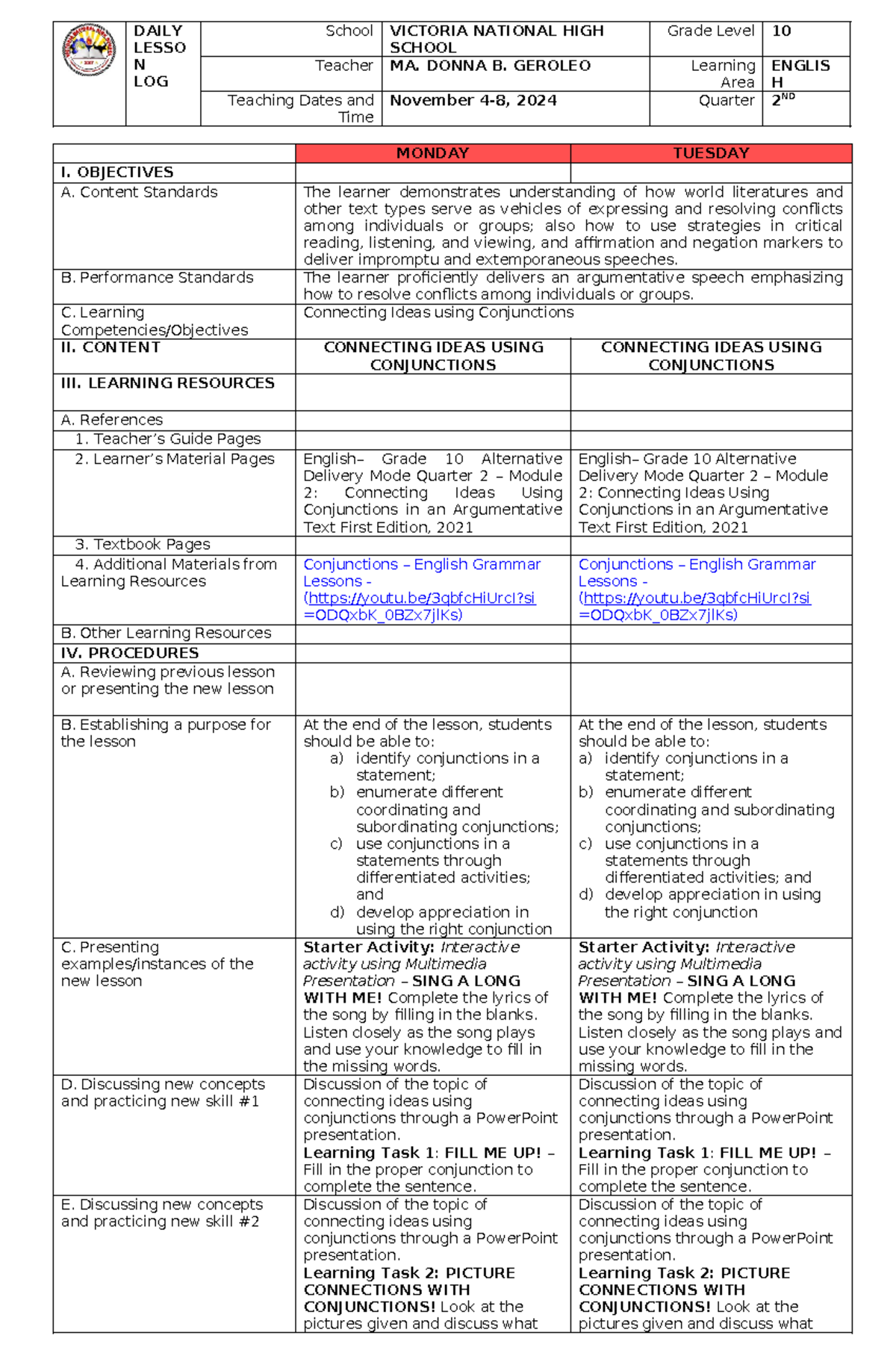 ENG 10: Lesson Plan for Teaching Conjunctions (Nov 4-8, 2024) - Studocu