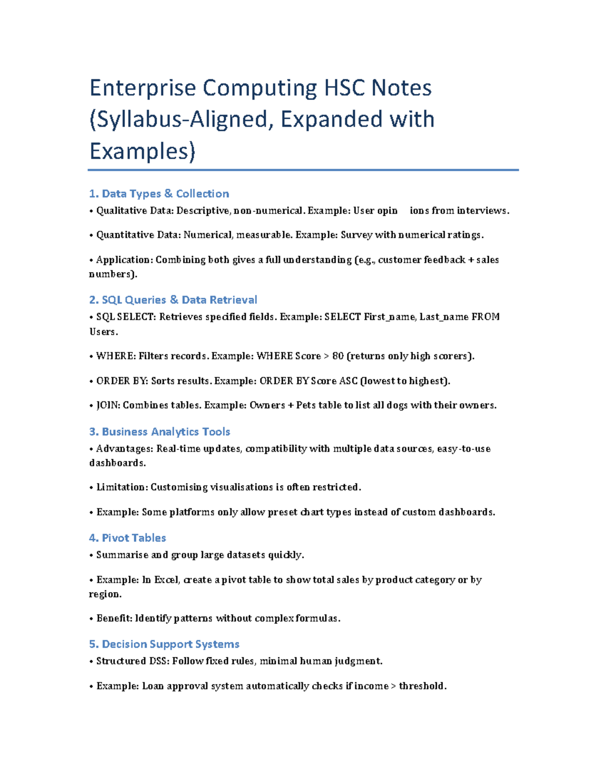 Enterprise Computing HSC Syllabus Aligned Notes with Examples - Studocu
