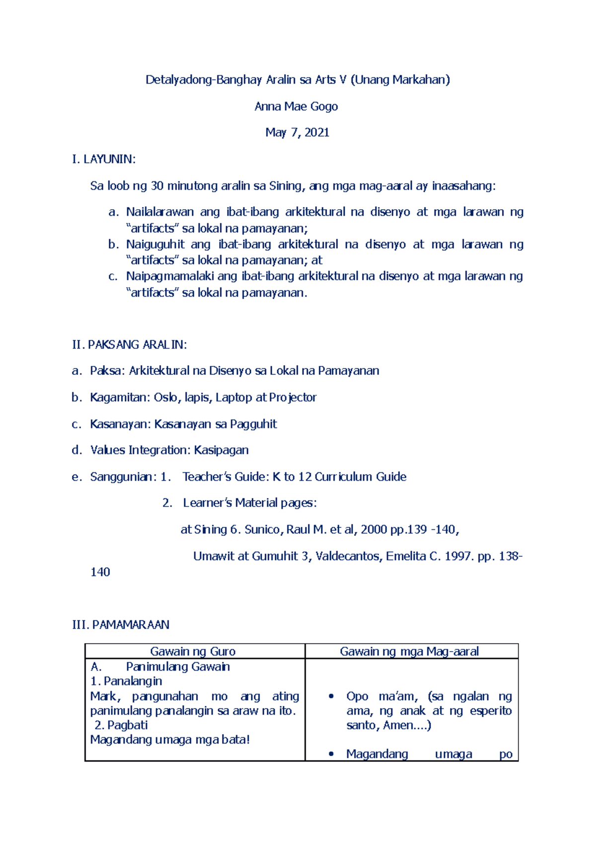 Detalyadong Banghay Aralin sa Sining V (Unang Markahan) - Studocu