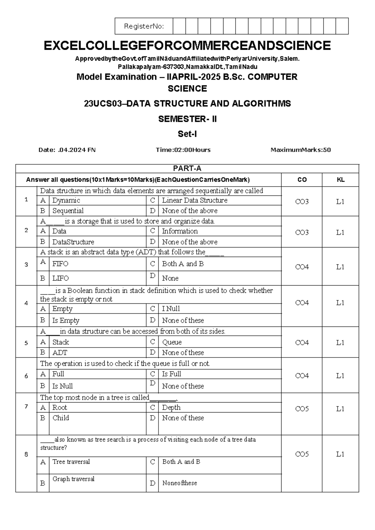 Model Exam B.Sc. CS: Data Structures & Algorithms II - AET-1 - Studocu