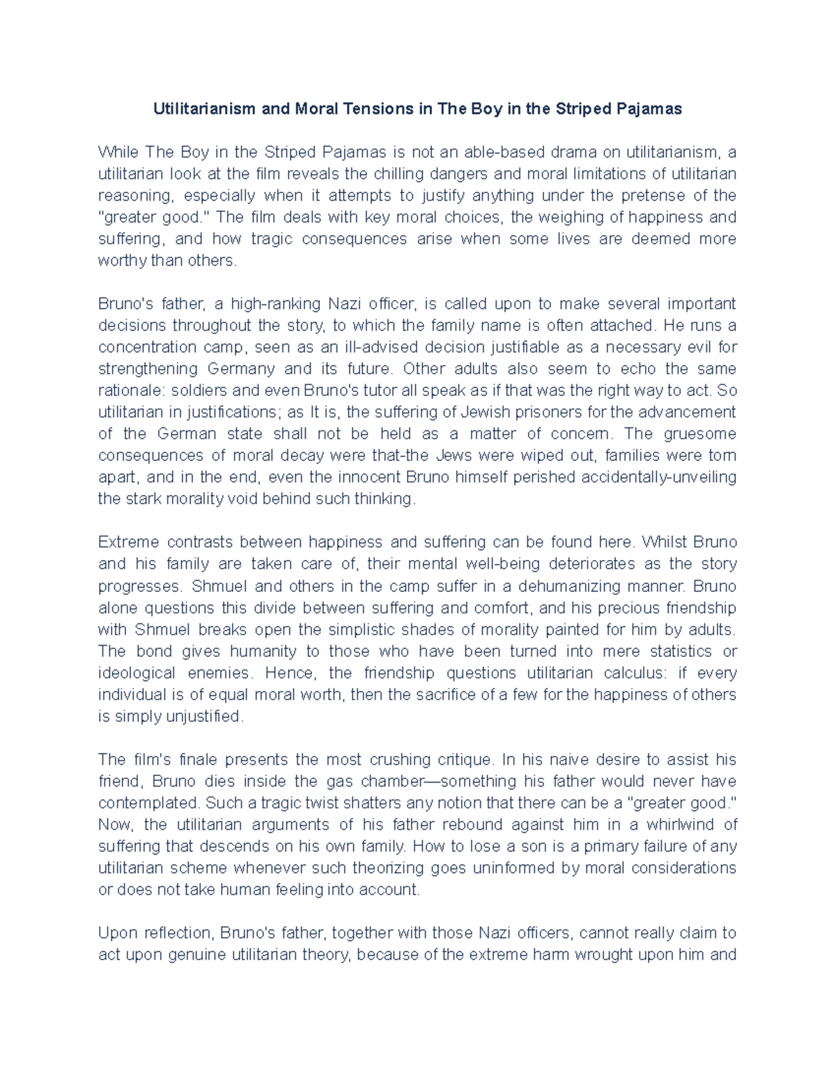 Utilitarianism and Moral Dilemmas in The Boy in the Striped Pajamas ...