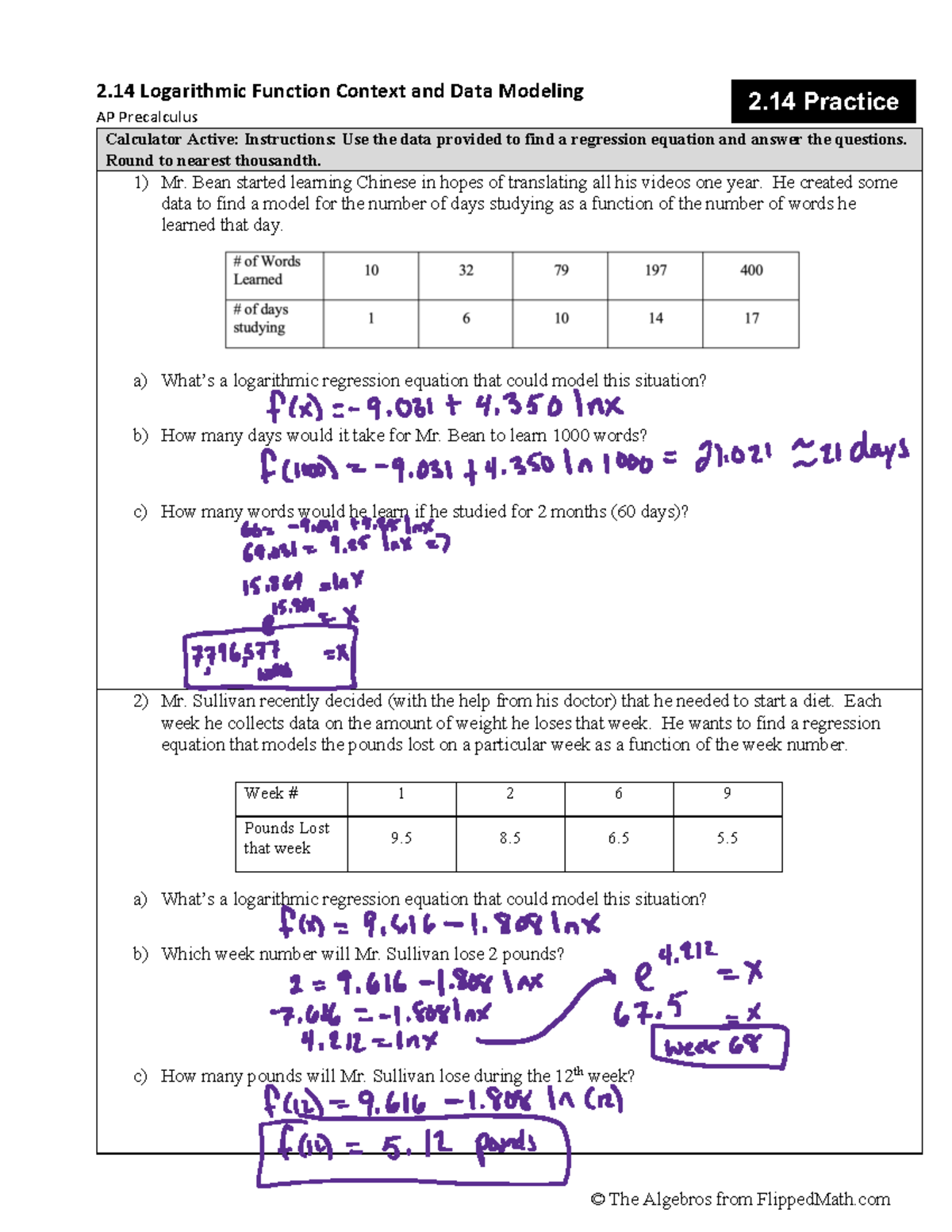 AP Precalculus 2.14 Logarithmic Functions for Data Modeling - Studocu