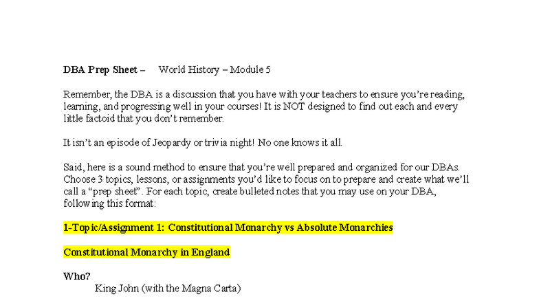 DBA Prep Sheet for Module 5: Key Themes in World History - Studocu