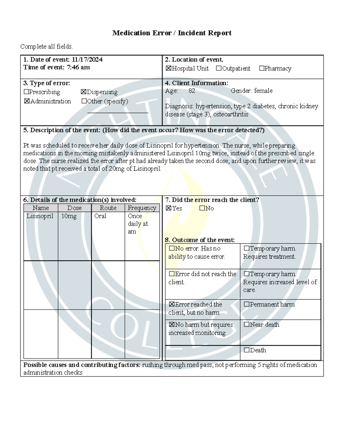 Medication Error Incident Report: Lisinopril Double Dosing Analysis ...