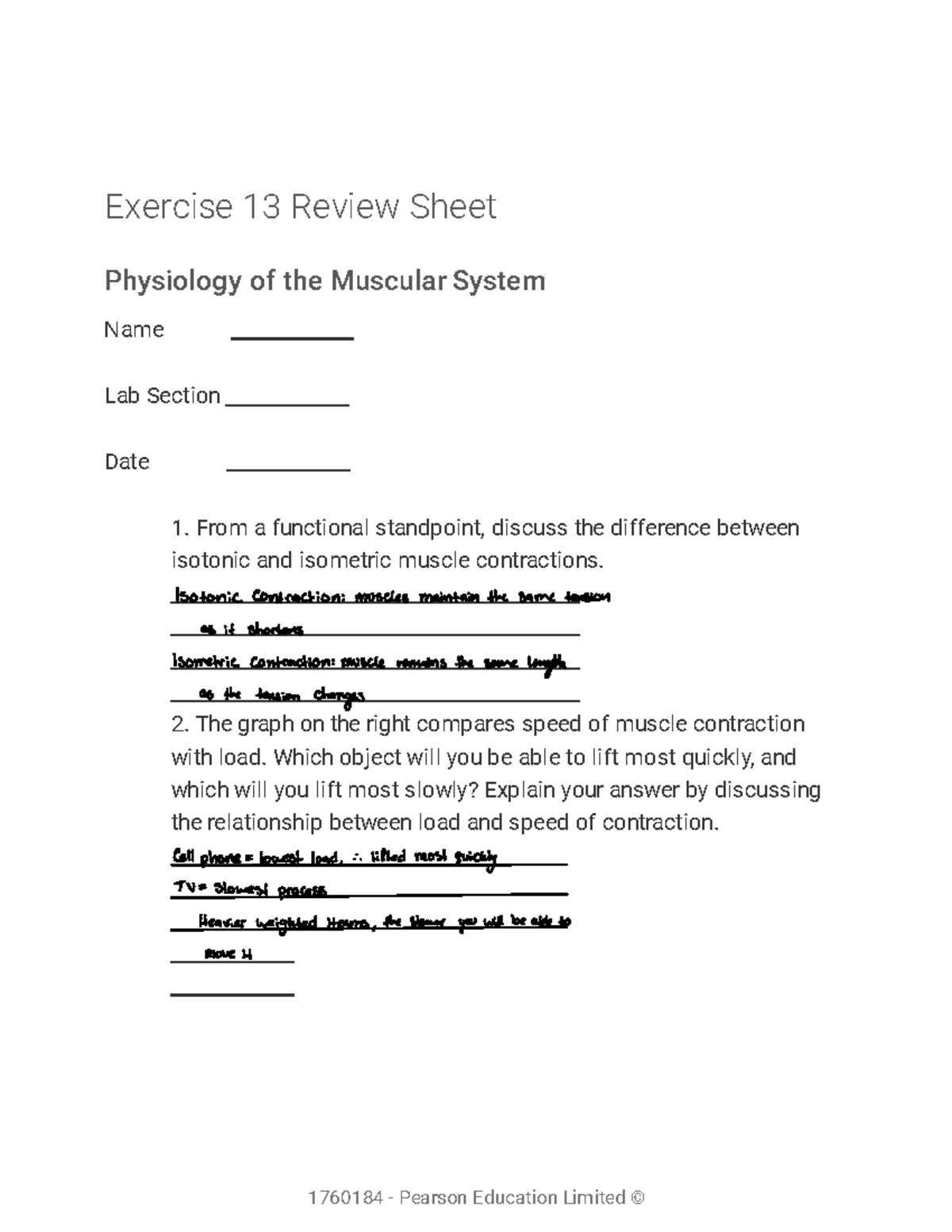 Lab 13 - completed lab assignment - Exercise 13 Review Sheet Physiology of the Muscular System ...