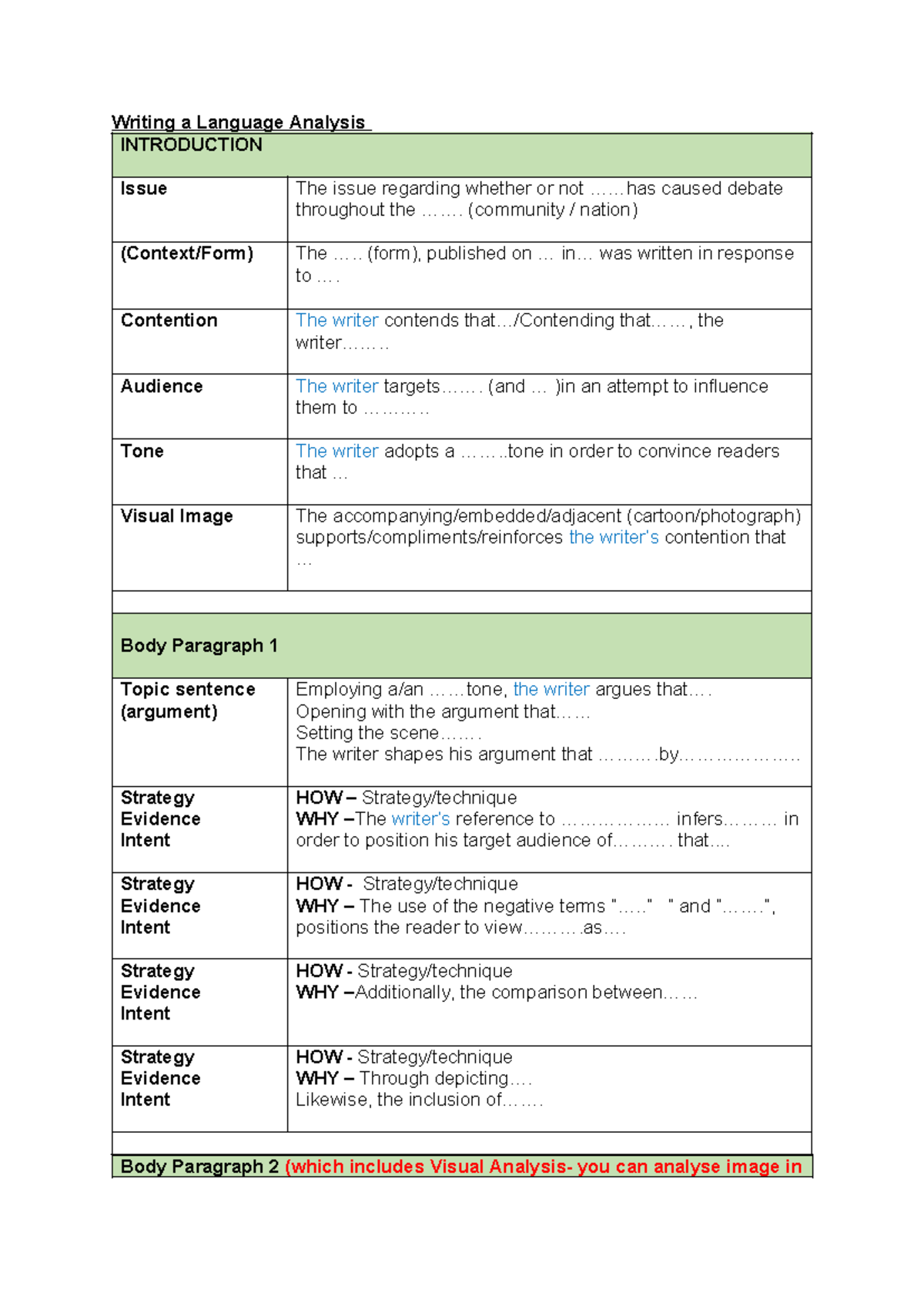 Language Analysis Template: Writing Techniques & Strategies - Studocu