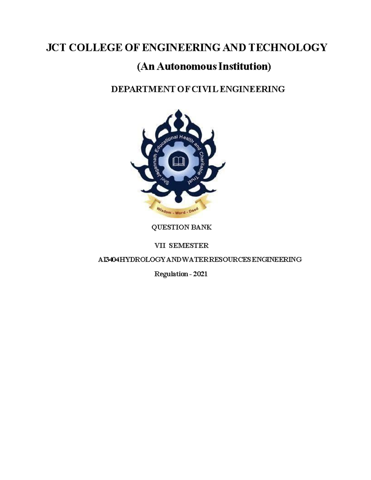 AI3404 Hydrology & Water Resources Engineering Question Bank - Studocu