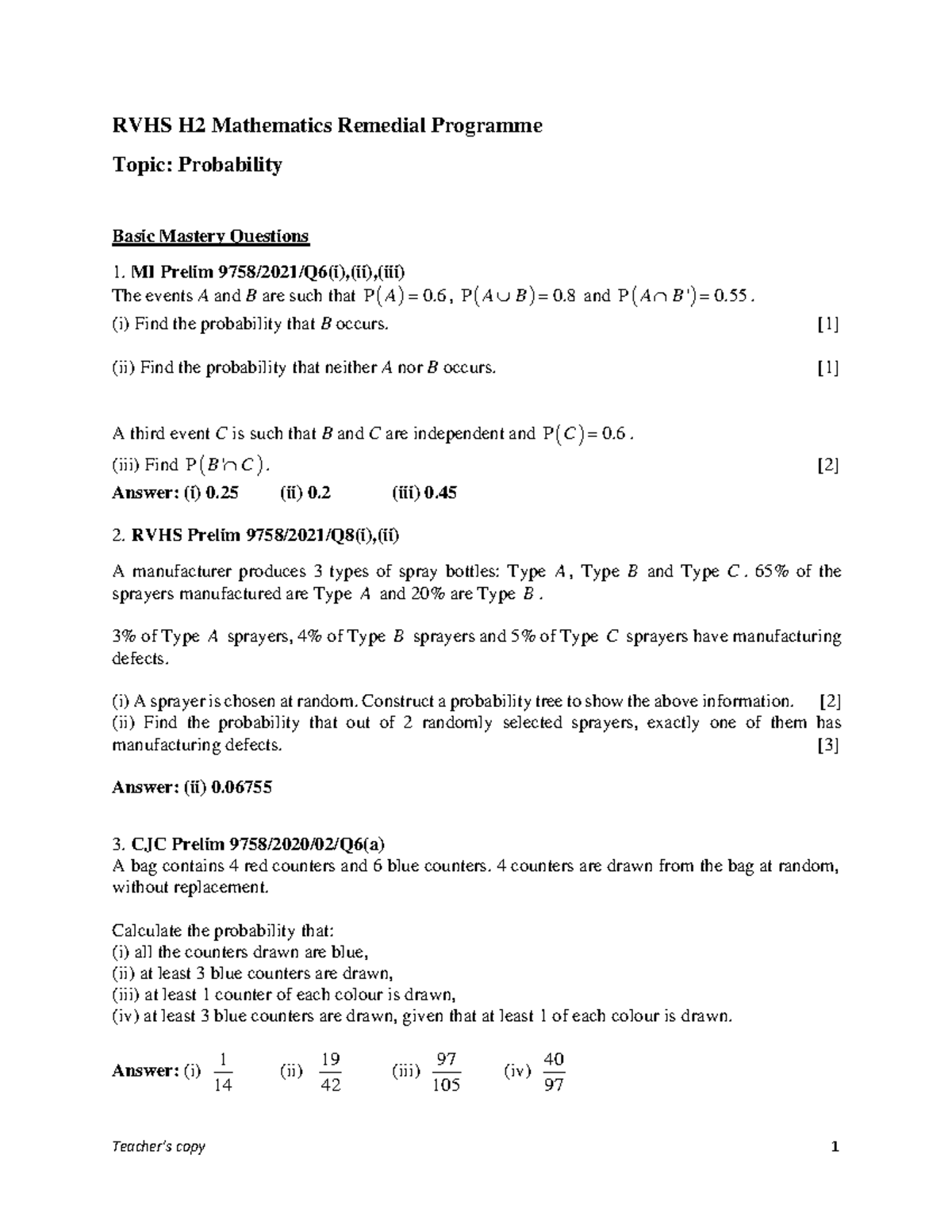H2MA Remedial Probability Practice Questions (RVHS) - Studocu