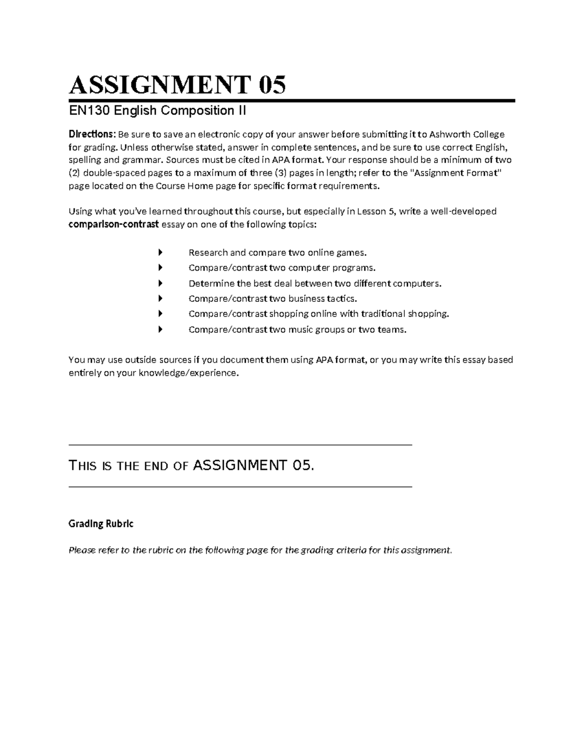 EN130 Assignment 05: Comparison-Contrast Essay Guidelines - Studocu