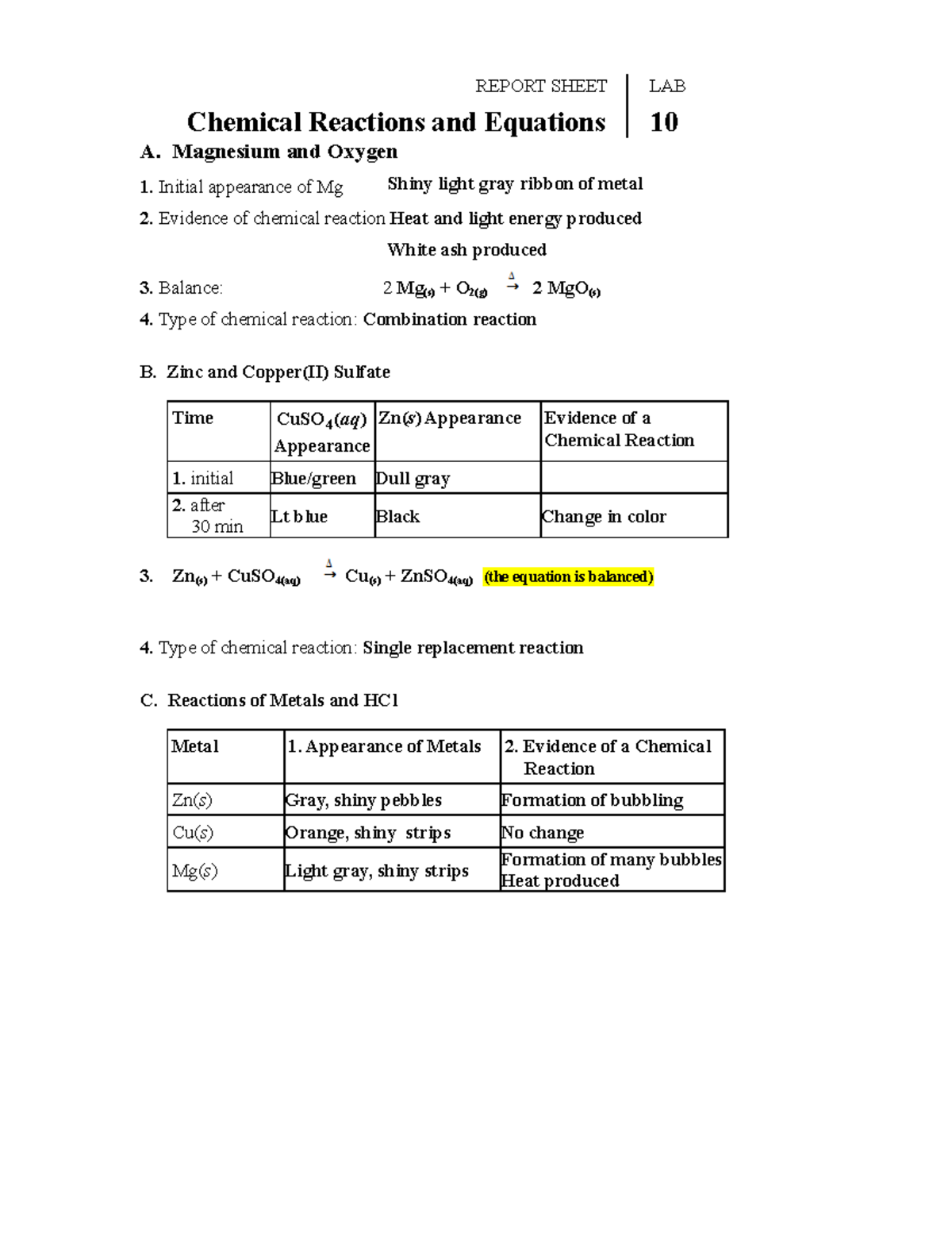 LAB10 Chemical Reactions AND Equations - A. Magnesium and Oxygen 1 ...