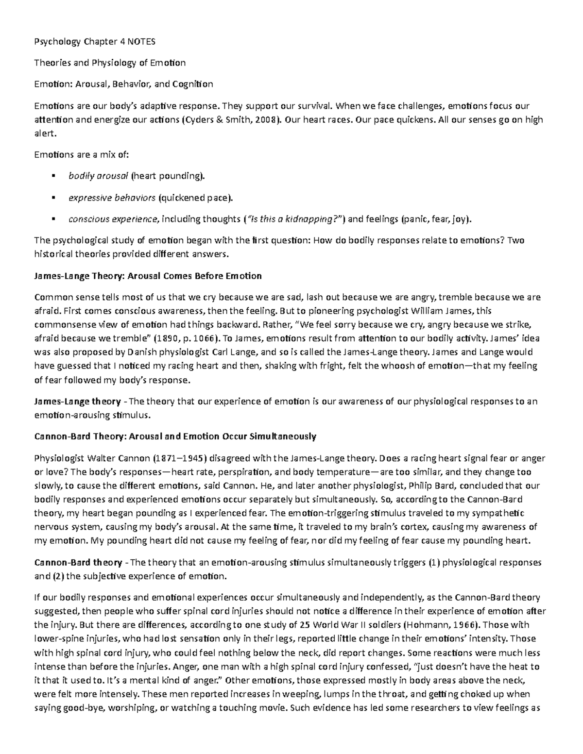 Psychology PSY 101 Chapter 4 Notes: Theories of Emotion Explained - Studocu