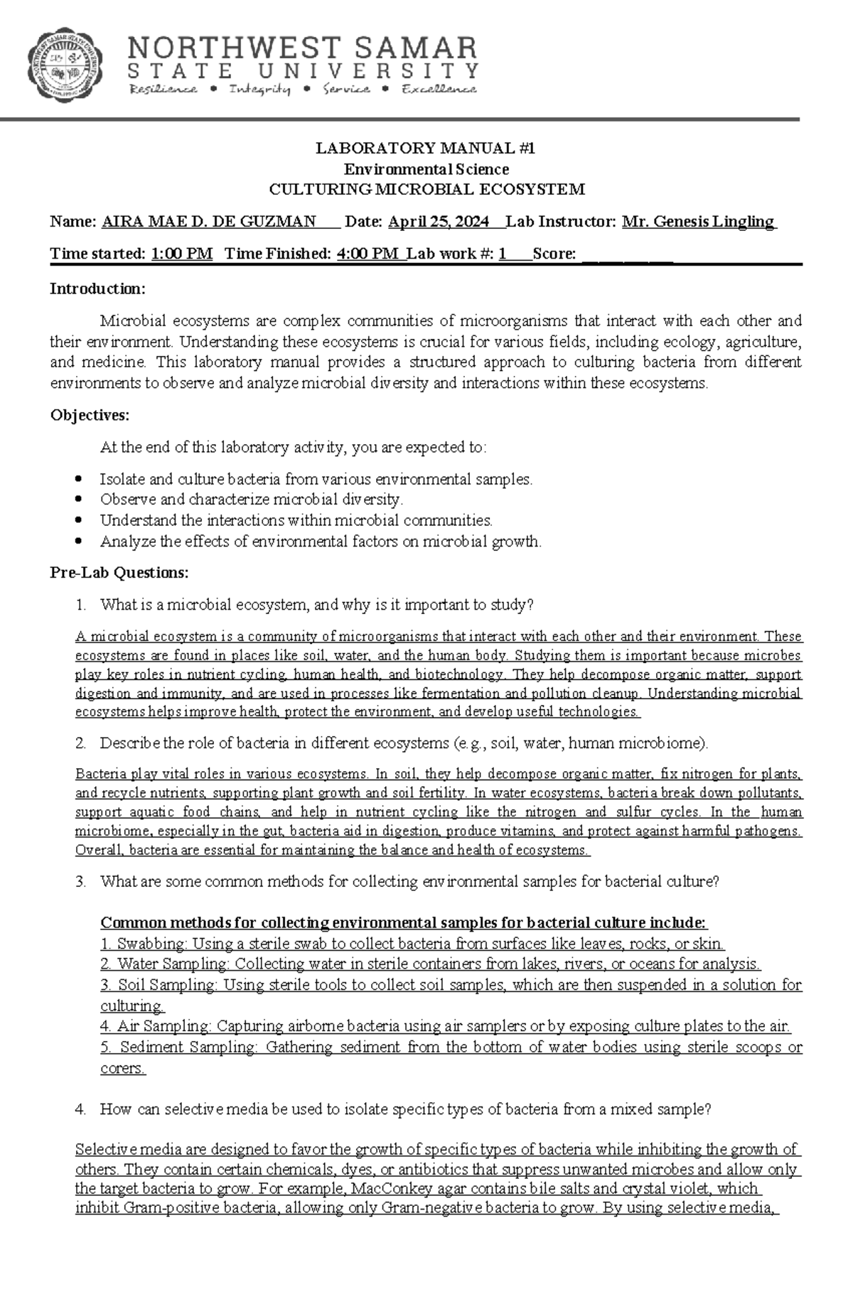 LAB MANUAL Environmental Science: Culturing Microbial Ecosystems (ES ...
