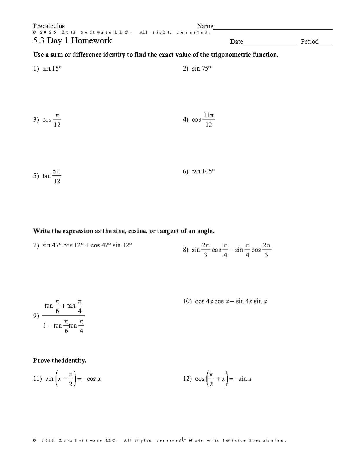 Precalculus G2C0M2Z5X: 5.3 Day 1 Homework on Trig Identities - Studocu