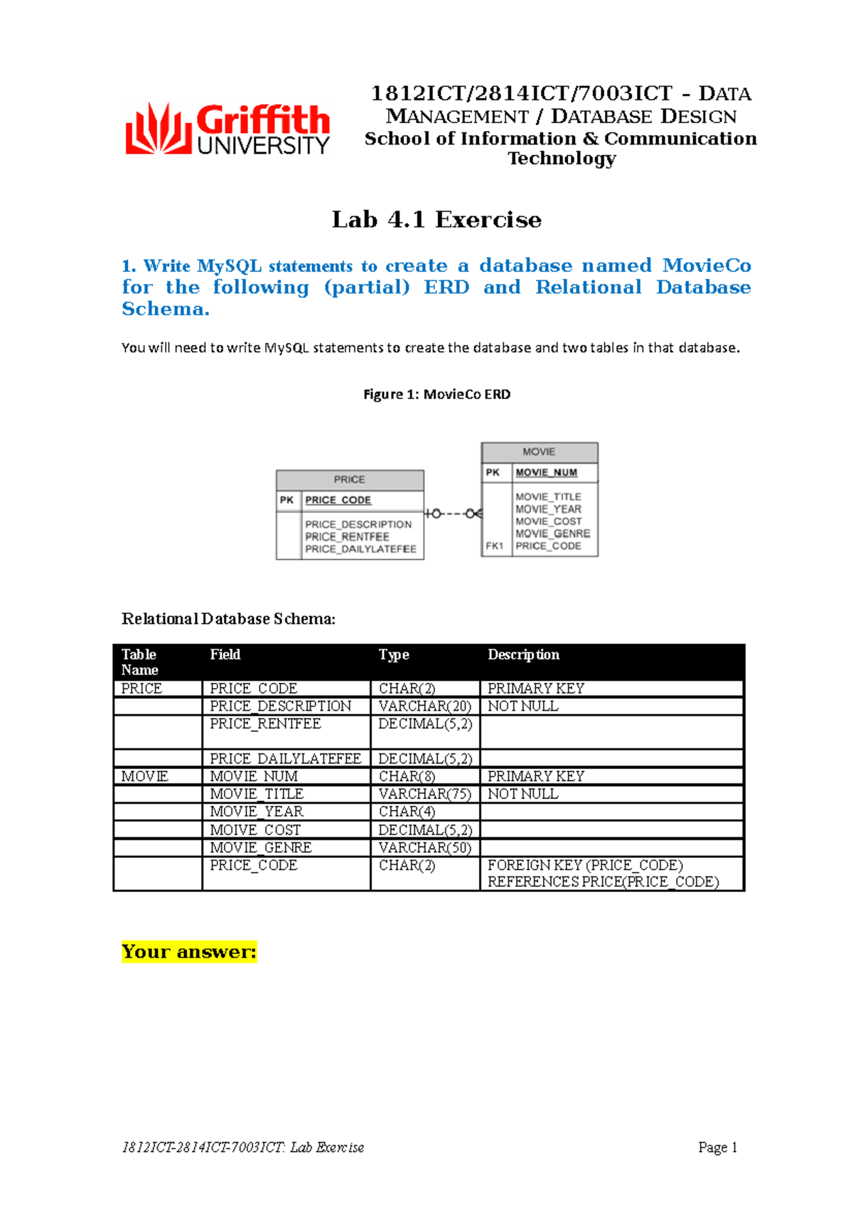 Lab 4.1 Exercise - 1812ICT/2814ICT/7003ICT – DATA MANAGEMENT / DATABASE ...