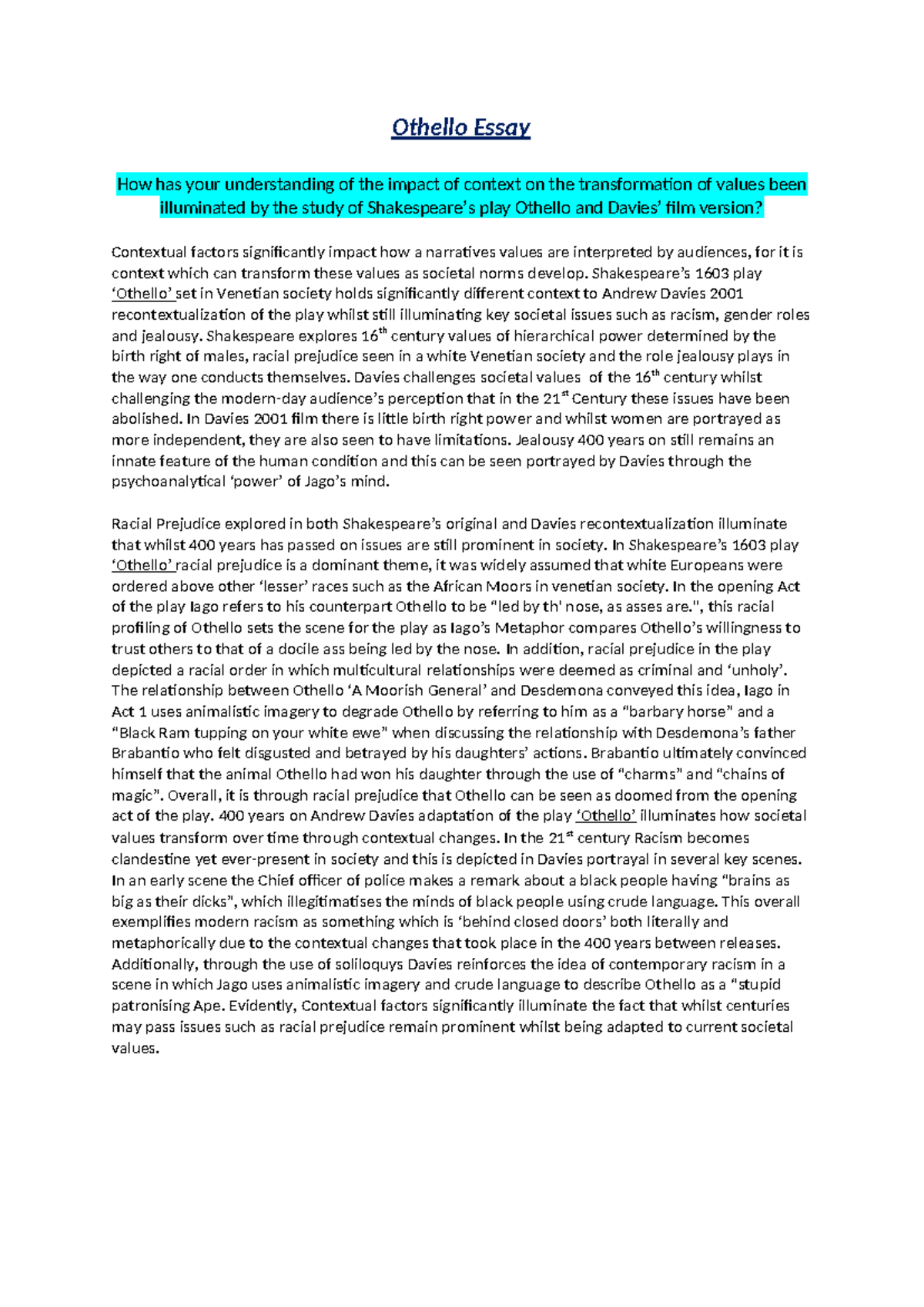 Othello Comparative Essay (ENG 101) - Contextual Impact on Values - Studocu