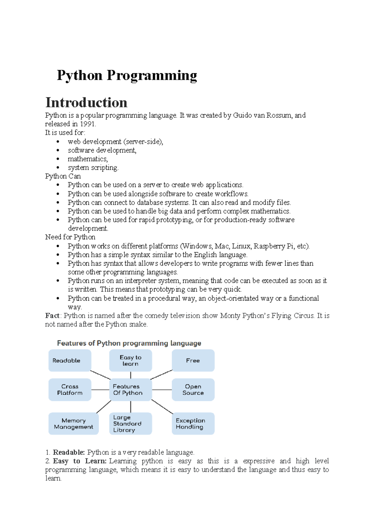 Python Workshop Materials Unit 1 - Python Programming Introduction Python is a popular ...