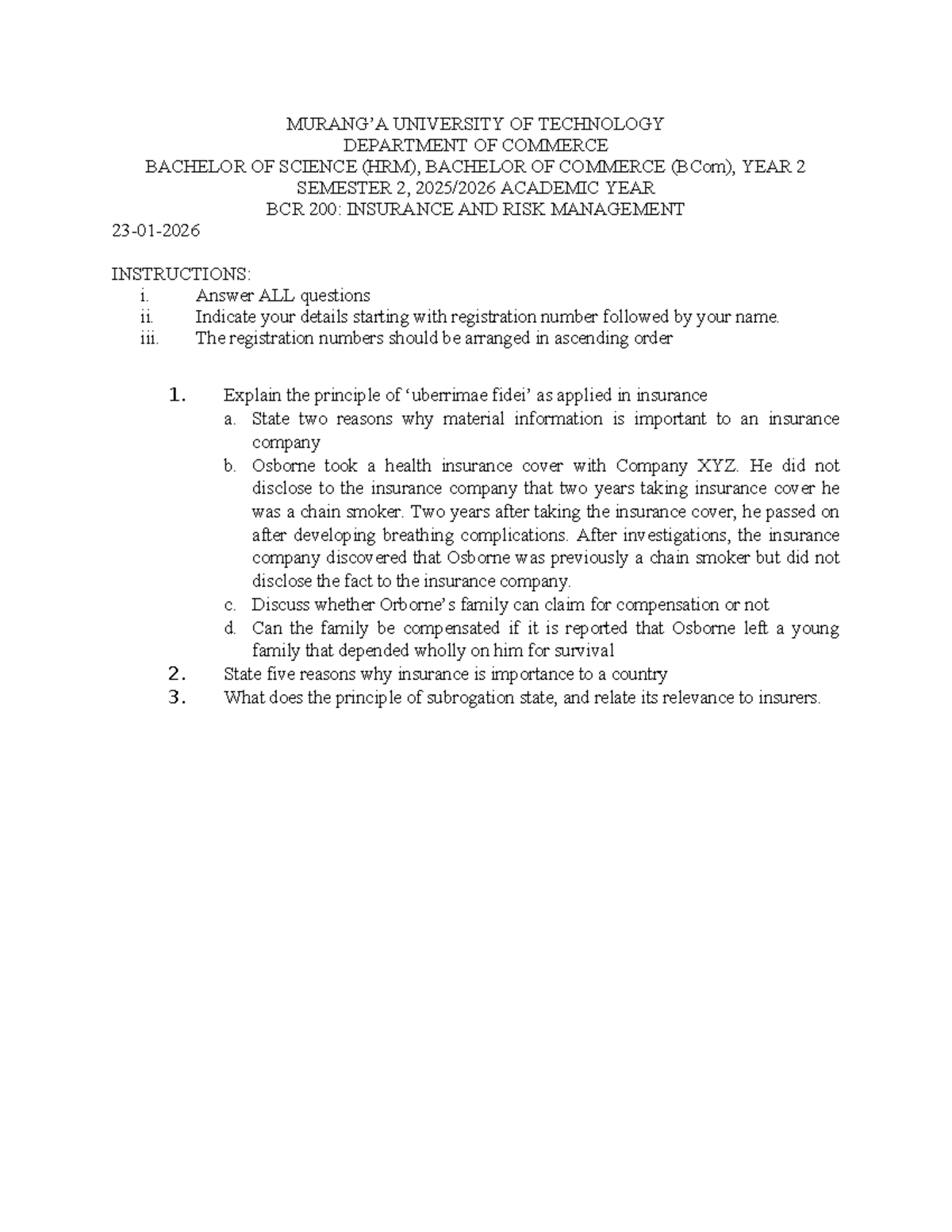 BCR 200: Insurance and Risk Management Exam Questions and Guidelines ...