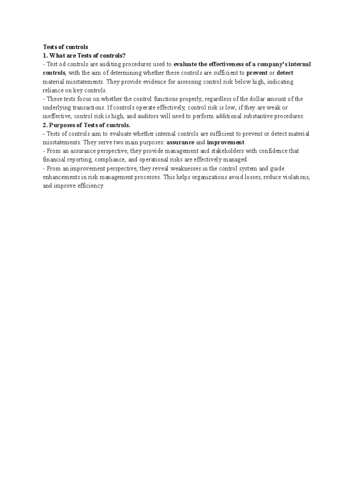 DH - Tests of Controls: Purpose and Effectiveness Analysis - Studocu