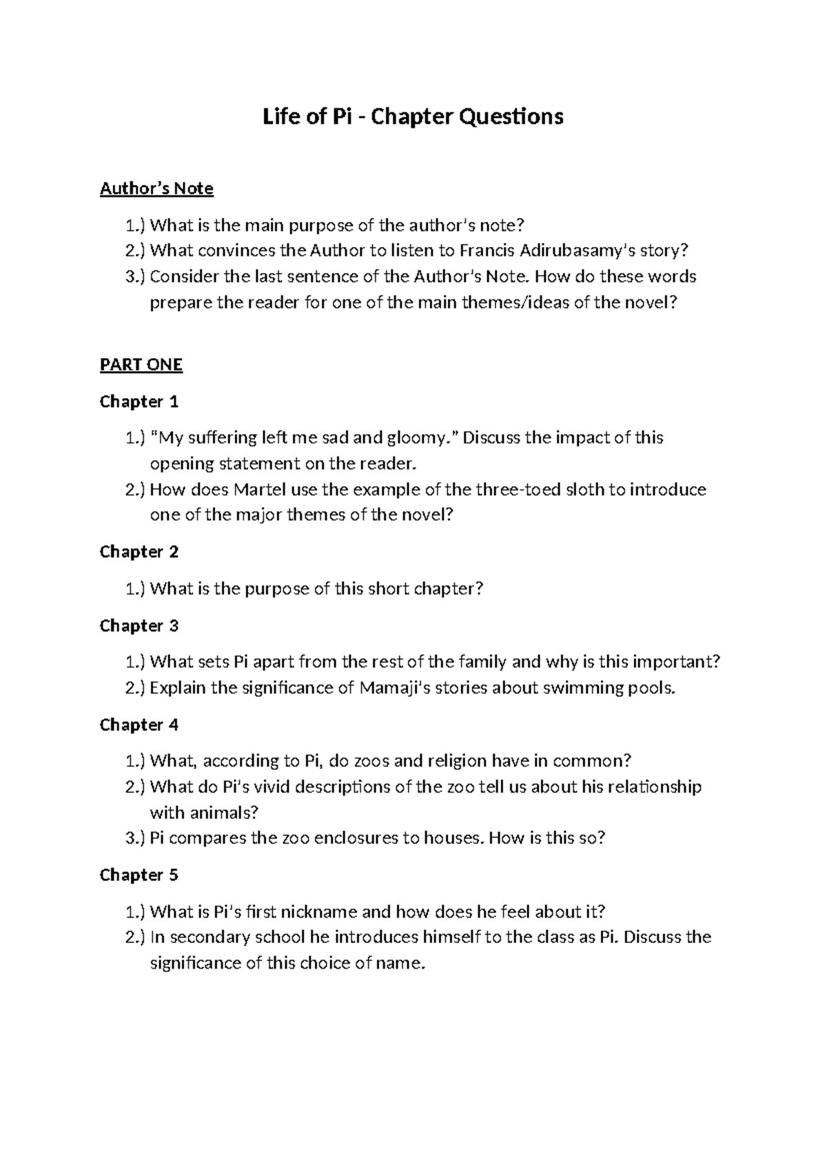 Life of Pi (ENG 201) Chapter Analysis & Questions Guide - Studocu