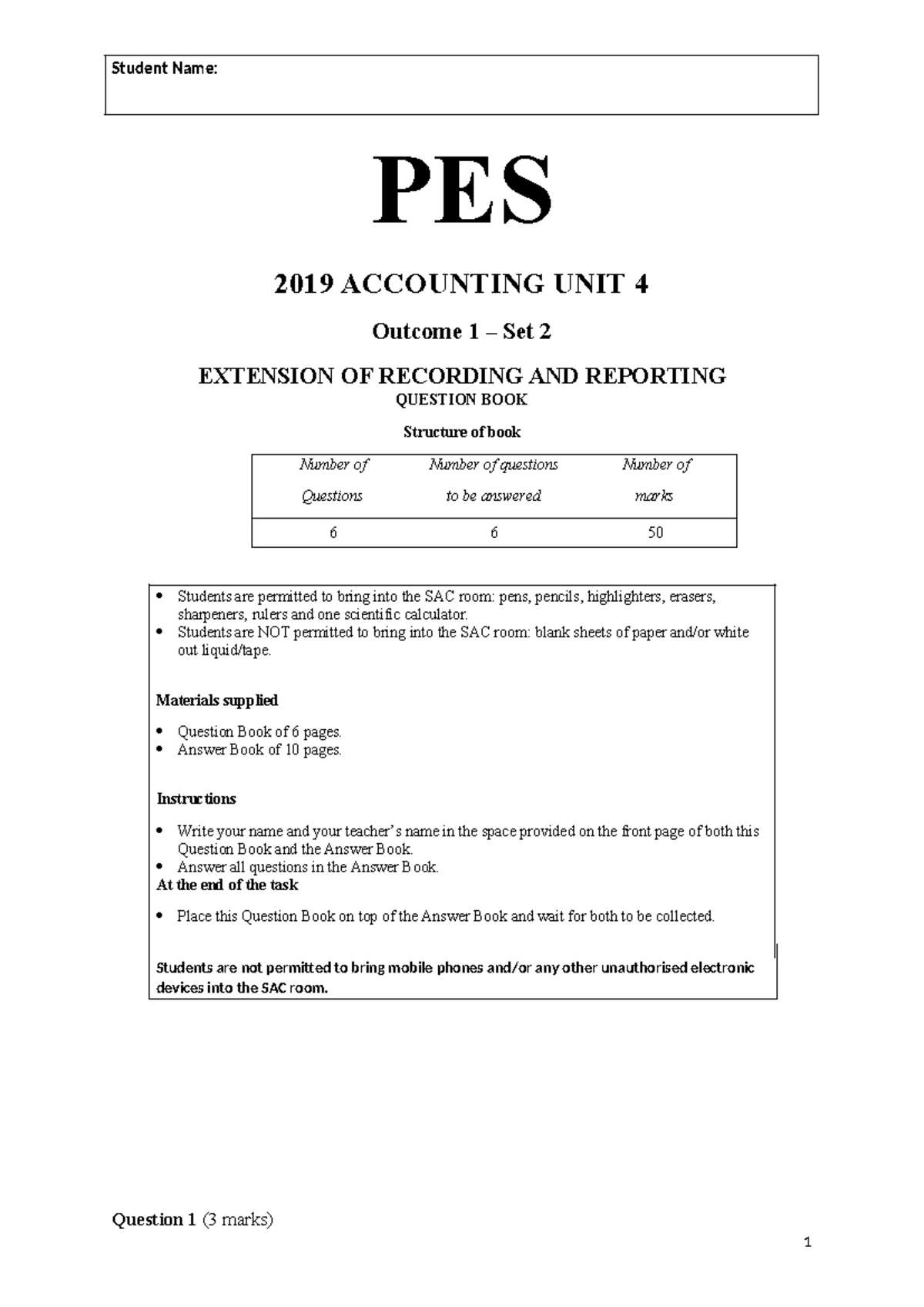 PES 2019 ACCOUNTING UNIT 4 Outcome 1 Set 2 Question Book - Studocu