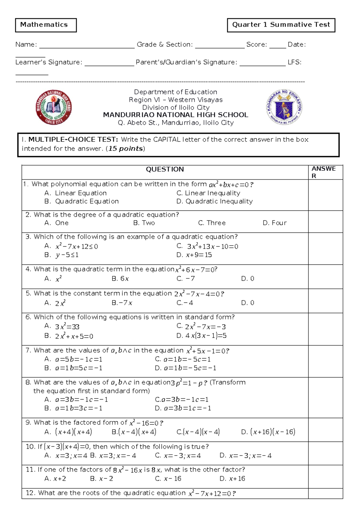 MATH 9 Q1 Summative Test: Quadratic Equations & Solutions - Studocu