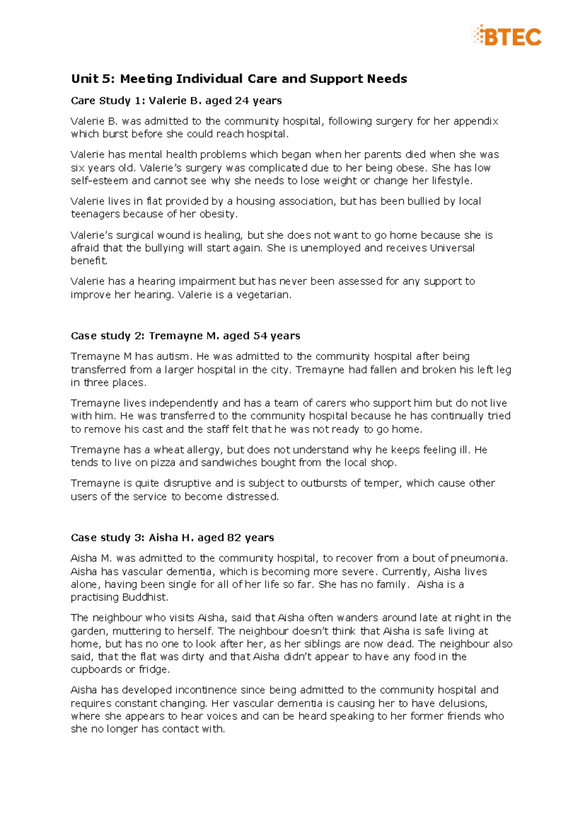 Unit 5 Case Studies: Addressing Individual Care Needs - Studocu