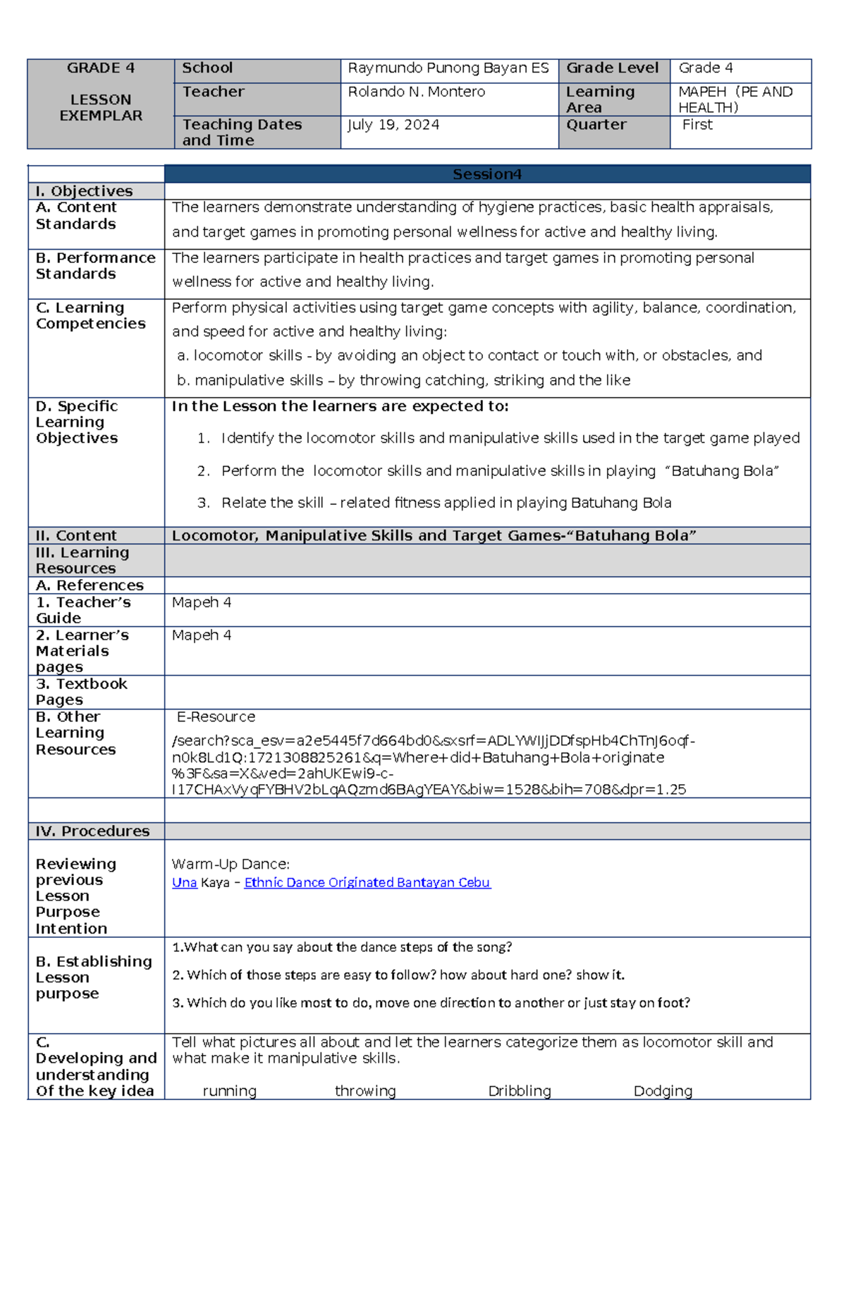 Matatag PE Health 4 Exemplar Lesson Plan on Target Games - Studocu