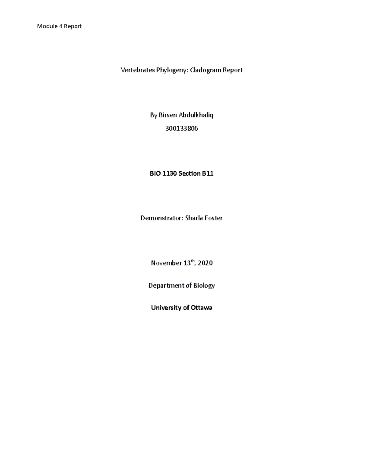 BIO 1130 Cladogram Lab Report on Vertebrate Phylogeny Analysis - Studocu
