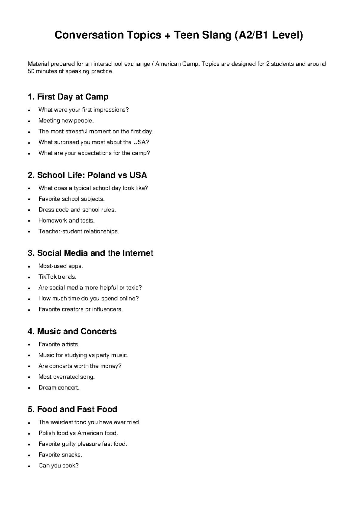 American Camp Conversation Topics for Teen Slang Practice - Studocu