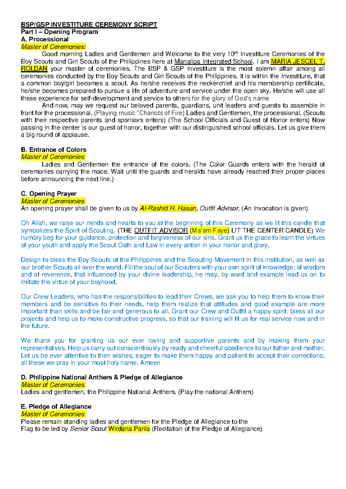 BSP & GSP 10th Investiture Ceremony Script: A Guide for Participants ...