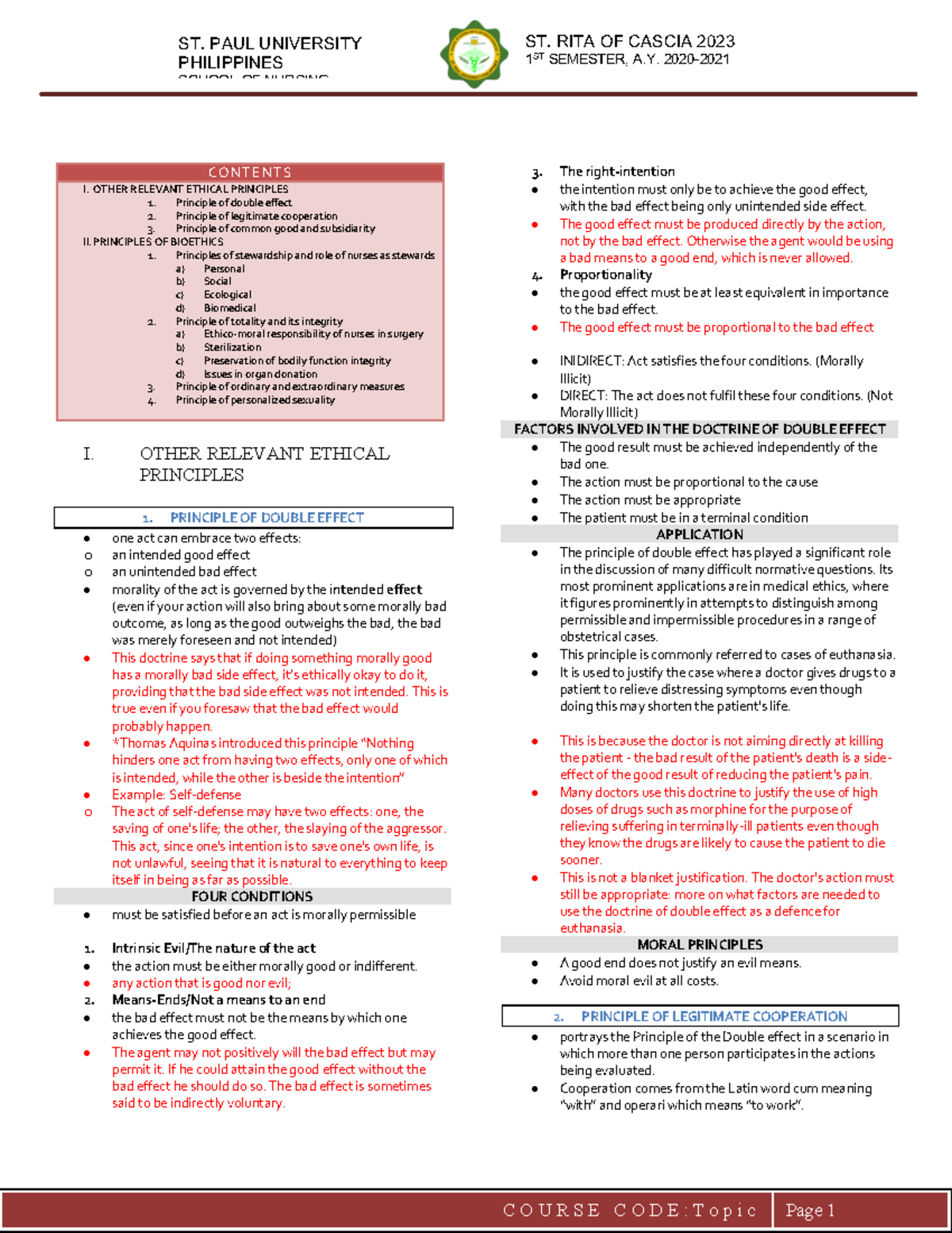 Ethical Principles of Bioethics: A Study Guide for Nursing 2 - Studocu