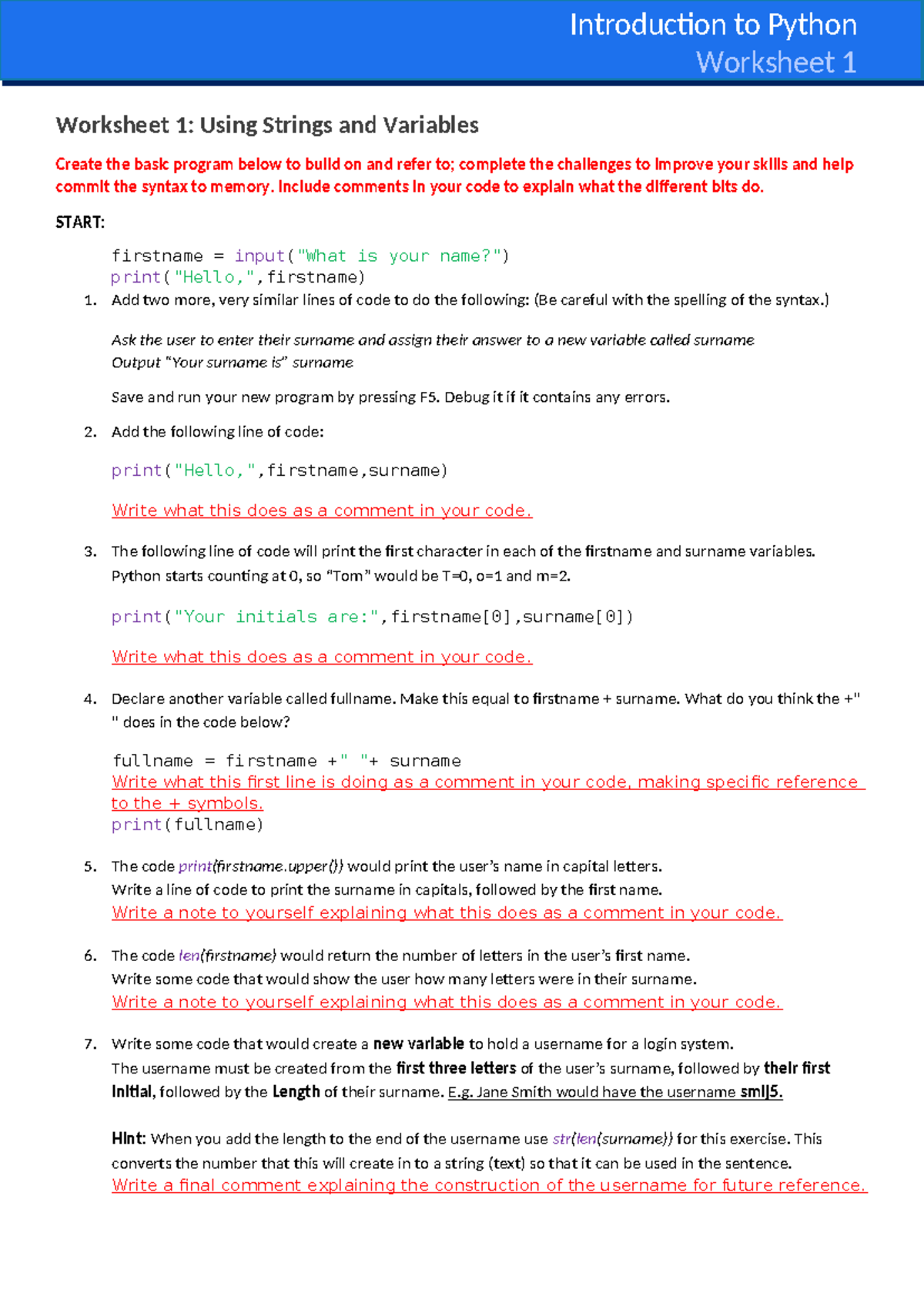 Python 101: Worksheet 1 - Strings & Variables Exercises - Studocu