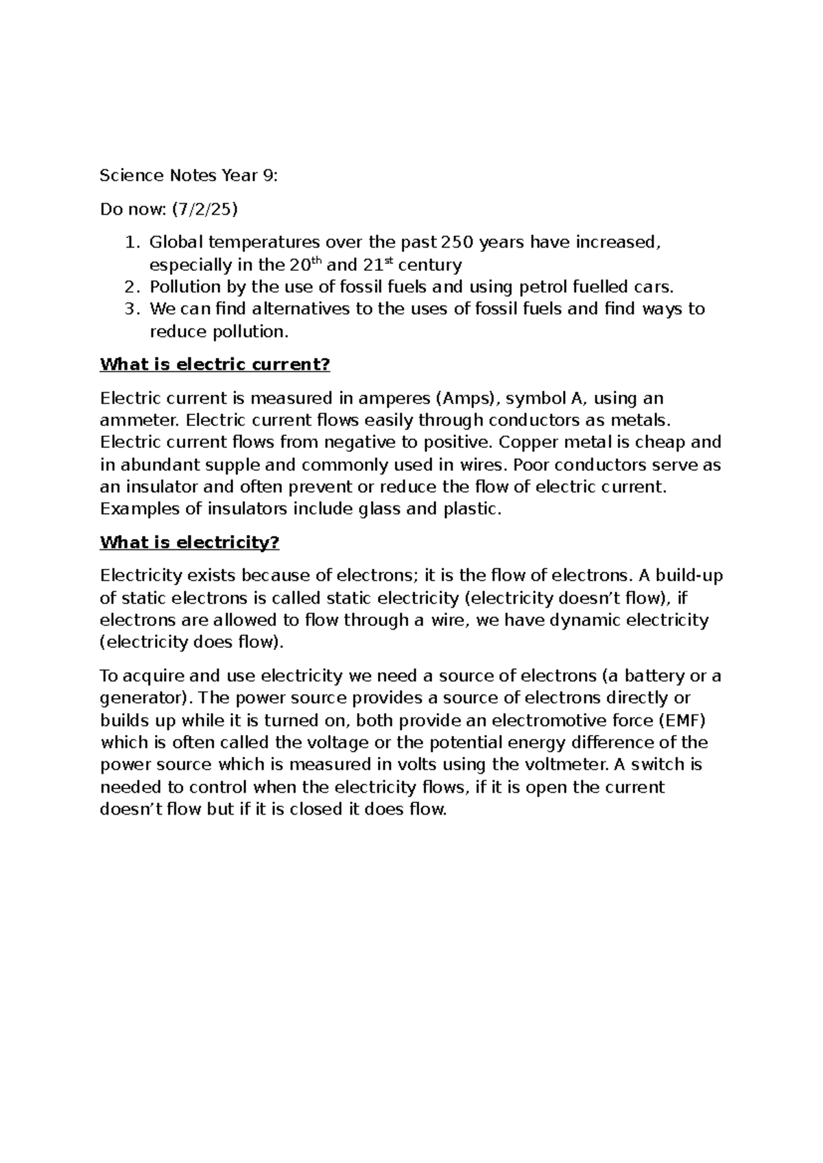 Science Notes Year 9: Understanding Electricity and Energy Concepts ...
