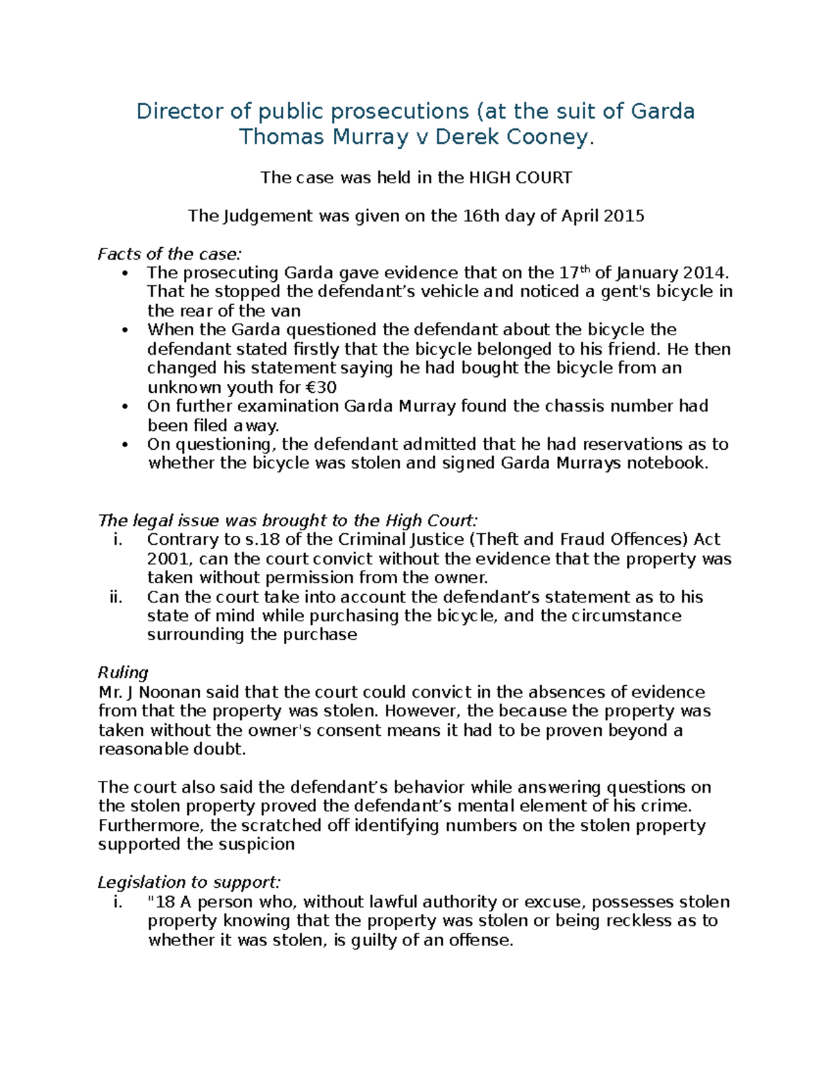 Case Note: DPP v Cooney - High Court Judgment Analysis - Studocu