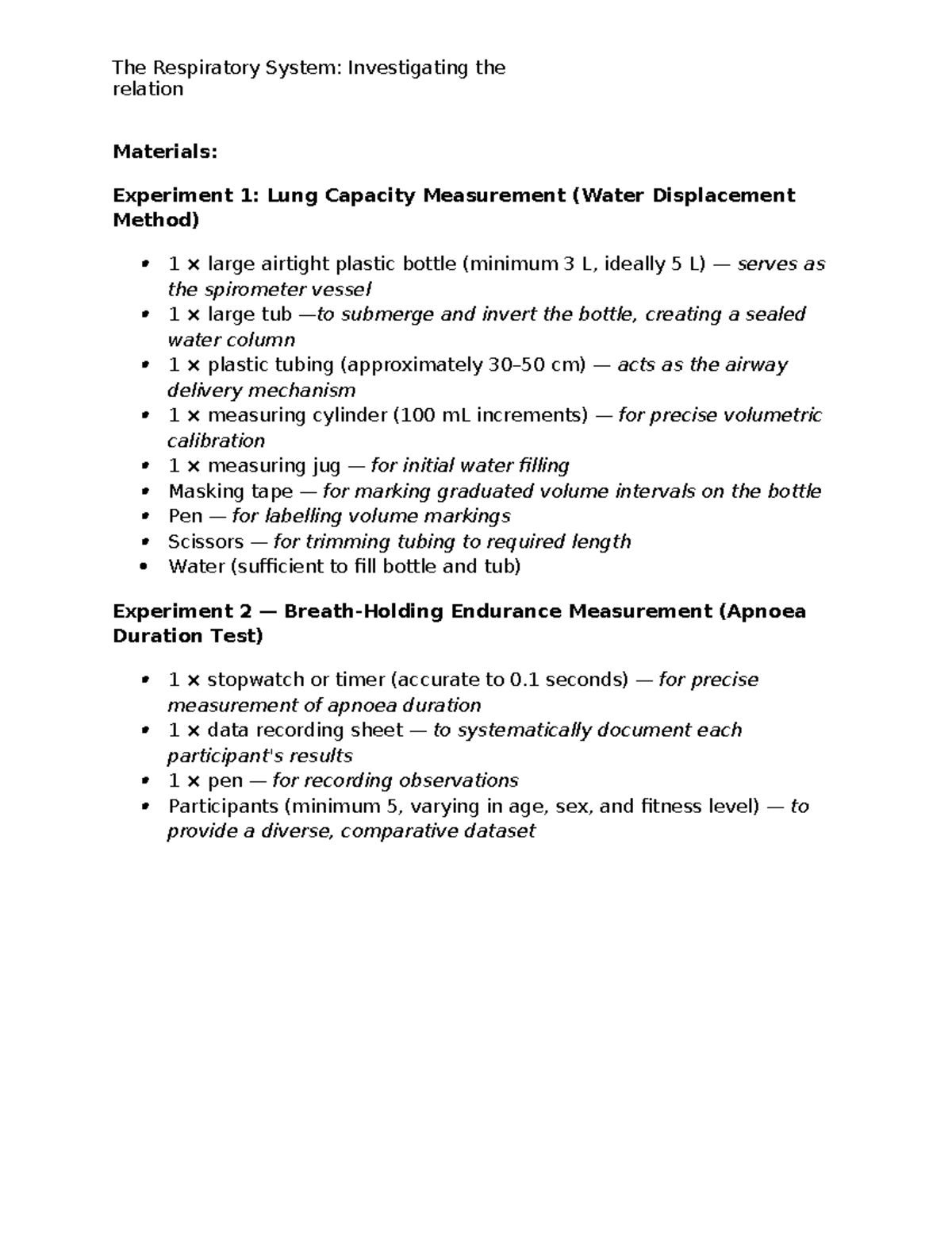 Science AT1: Lung Capacity & Endurance Measurement Experiments - Studocu
